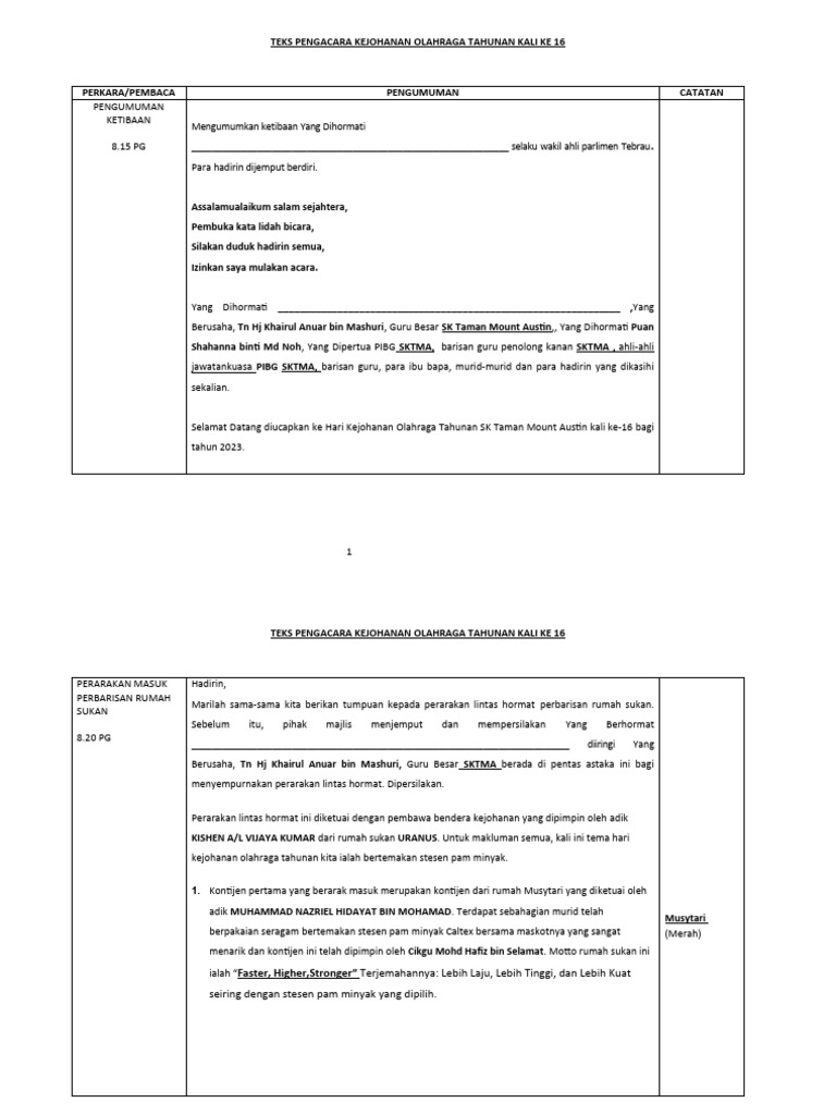 Skrip MC Sukan 2023 4X100 | PDF