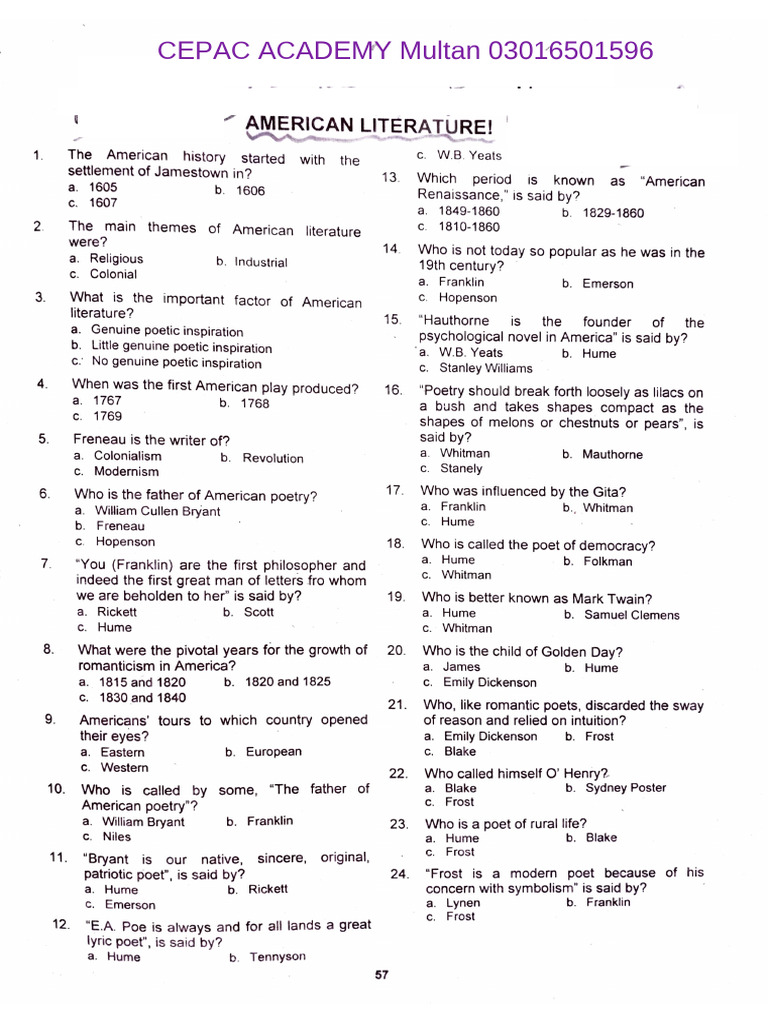 American Literature MCQs - CEPAC Academy Multan - 0301 - 6501596 | PDF