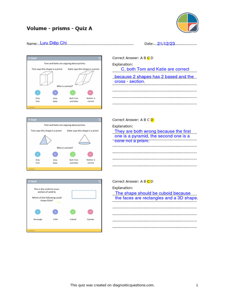 Volume - Prisms - Quiz A | PDF | Volume | Geometric Objects