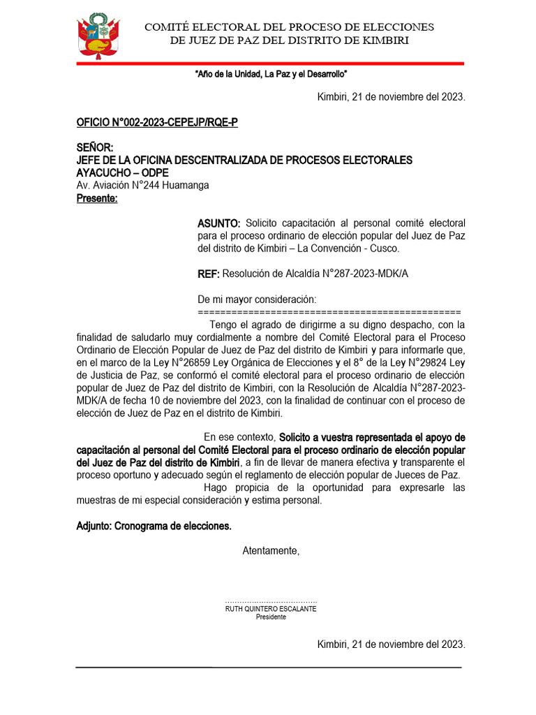 Oficio Simple Solicito Capacitacion para El Comite Electoral Juez de Paz Kimbiri | PDF | Juez ...