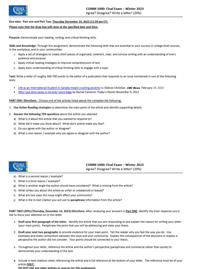 COMM 1000 Final Exam Letter Assignment | PDF | Reading Comprehension ...