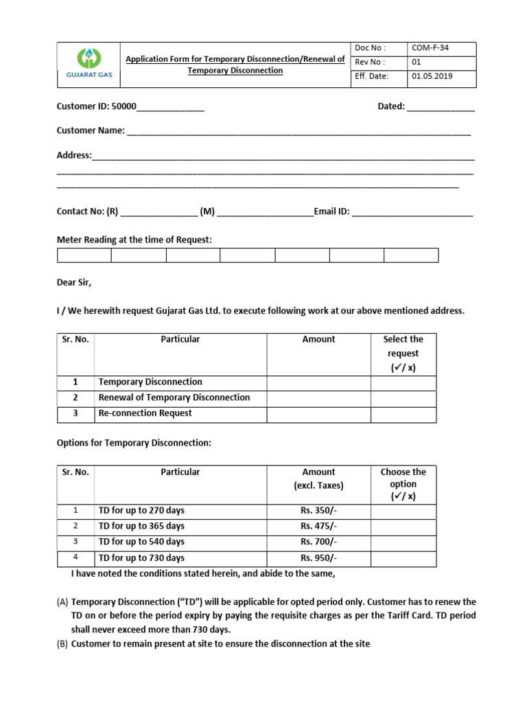 Gujarat Gas - Temp. Disconnection & Reconnection Form | PDF | Cheque ...
