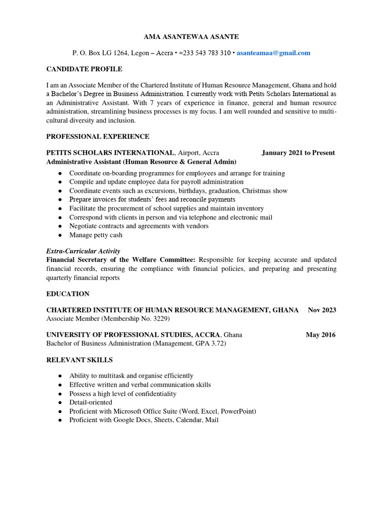 HR Professional Profile: Ama Asantewaa | PDF
