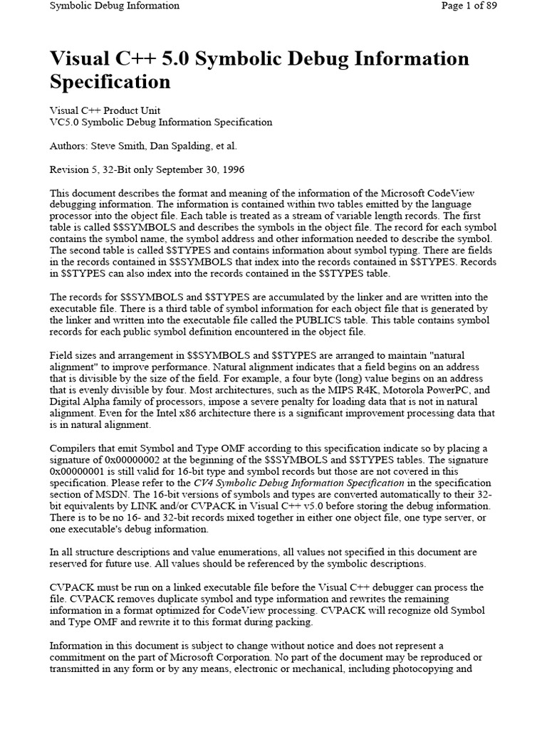 Visual C++ 5.0 Symbolic Debug Information Specification | PDF | Data | Software