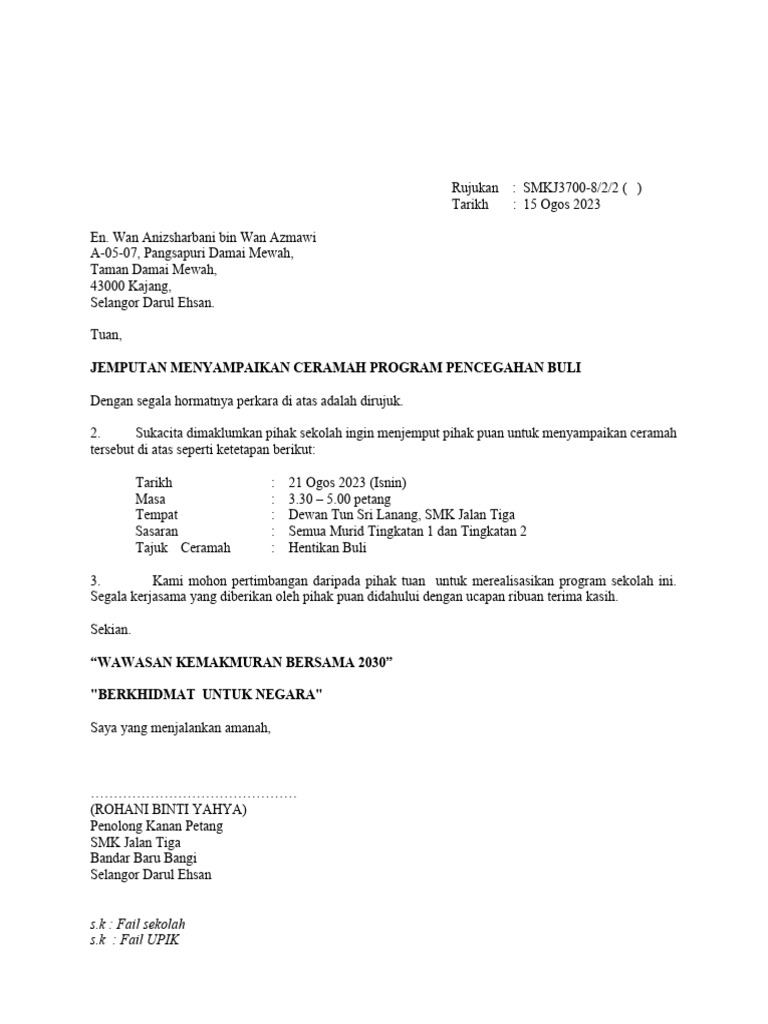 Surat Jemputan Ceramah Pencegahan Buli 2023 | PDF