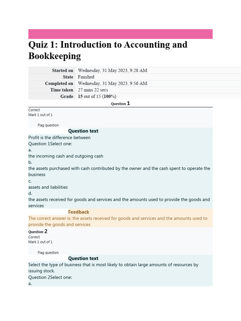 Quiz 1: Introduction To Accounting and Bookkeeping | PDF | Debits And Credits | Equity (Finance)