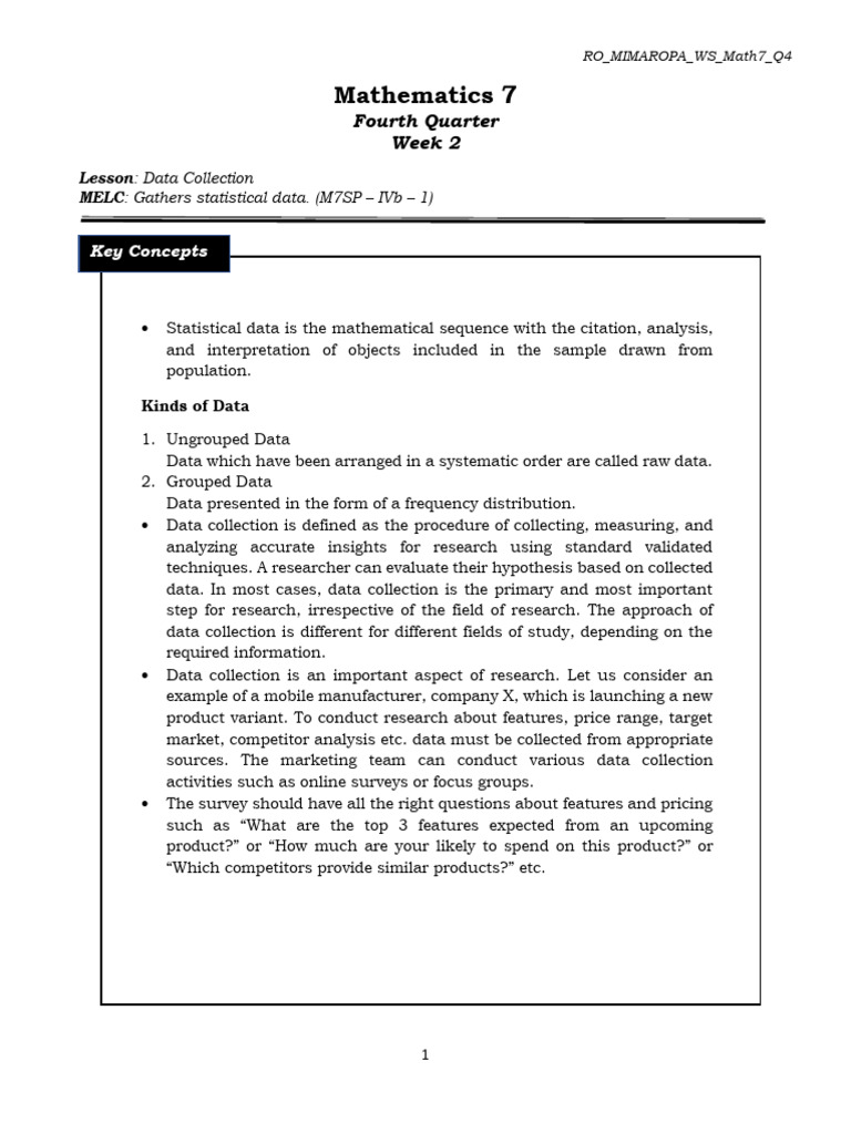 Math7WS - Q4 - Week 2 | PDF | Data | Statistics