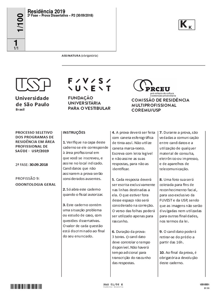 Prova Residencia Usp Fase 2 2019 Odonto Geral | PDF