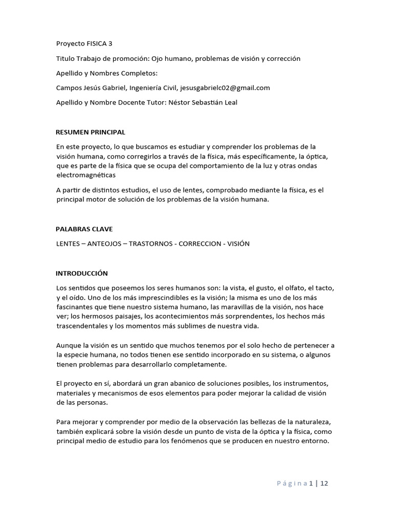 Proyecto - Ojo Humano, Problemas de Visión y Corrección - Campos ...