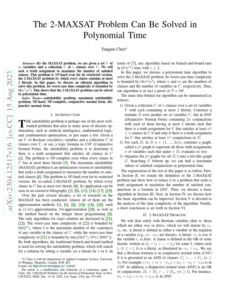 The 2-MAXSAT Problem Can Be Solved in Polynomial Time: Yangjun Chen | PDF | Algorithms And Data ...