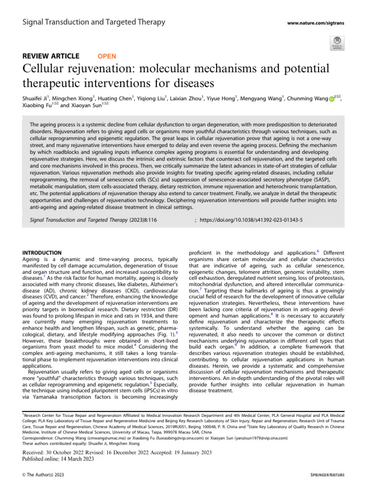 Cellular Rejuvenation - Molecular Mechanisms and Potential Therapeutic ...