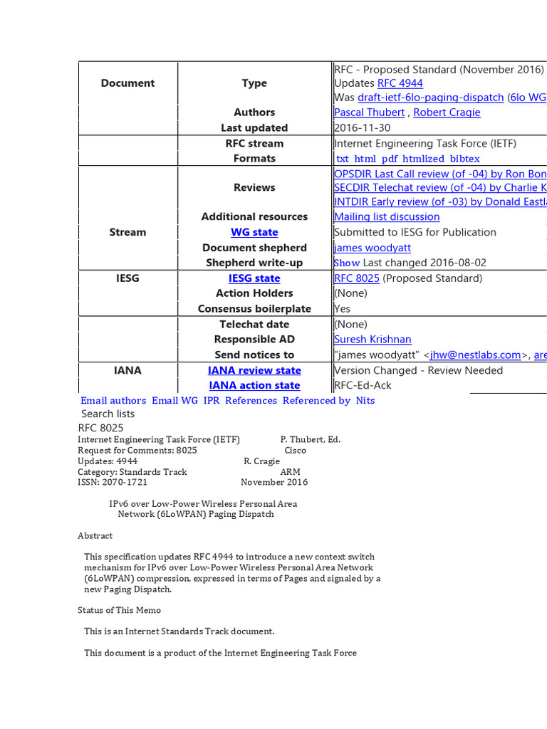 RFC 8025. IPv6 Over Low-Power Wireless Personal Area Network (6LoWPAN) Paging Dispatch | PDF ...