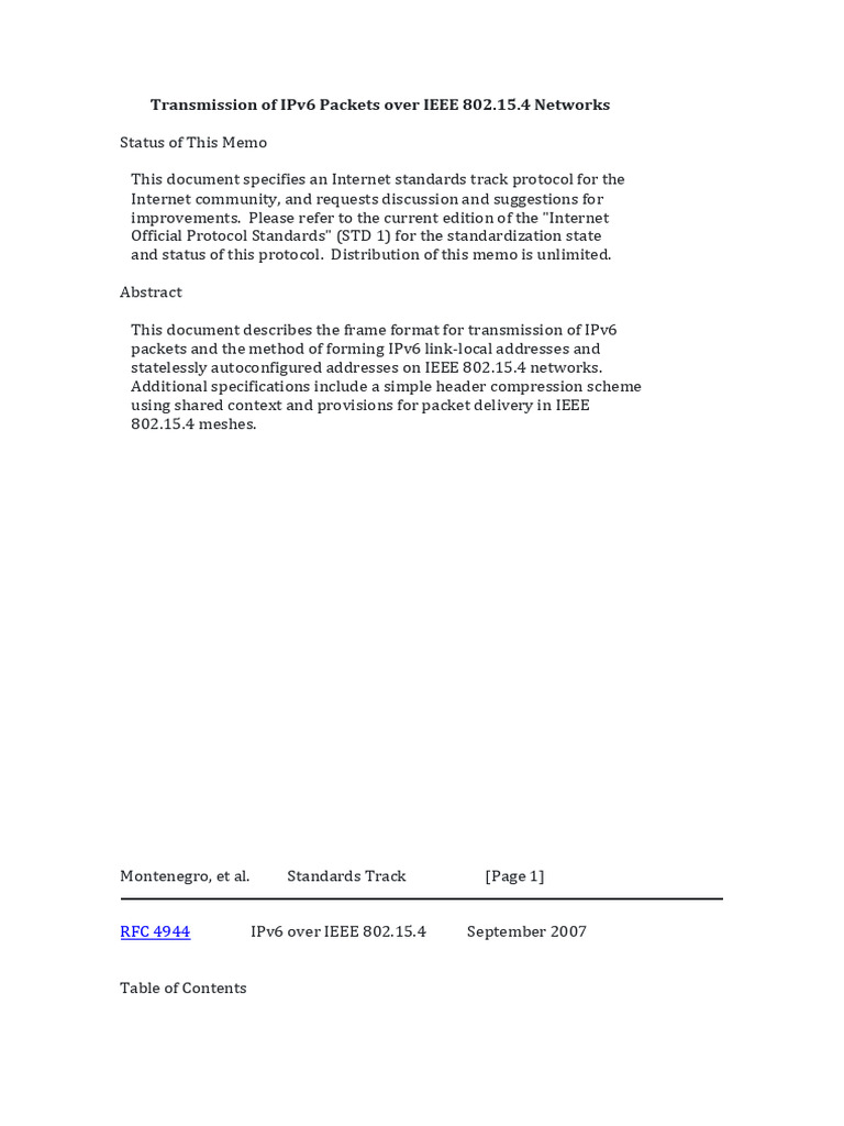 RFC 4944 Transmission of IPv6 Packets Over IEEE 802 | PDF | I Pv6 | Internet Protocols