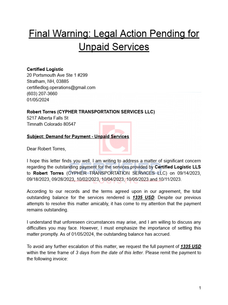 Final Warning - Legal Action Pending For Unpaid Services | PDF