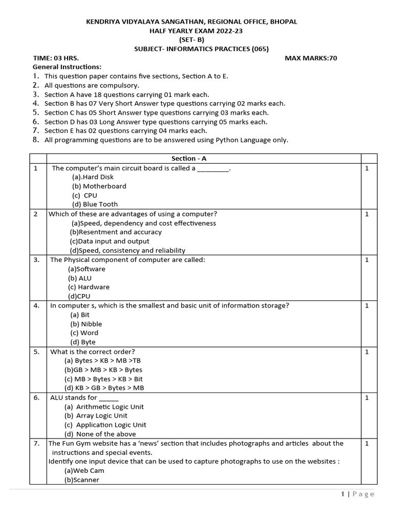 11 - Ip - Hy - Setb - 2022-23 - QP Set B | PDF | Byte | Computer Architecture