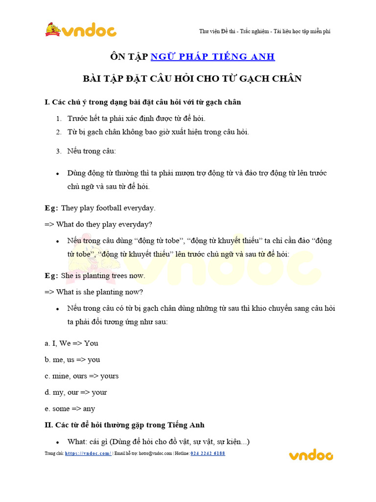 Bai Tap Tieng Anh Dat Cau Hoi Cho Tu Gach Chan | PDF