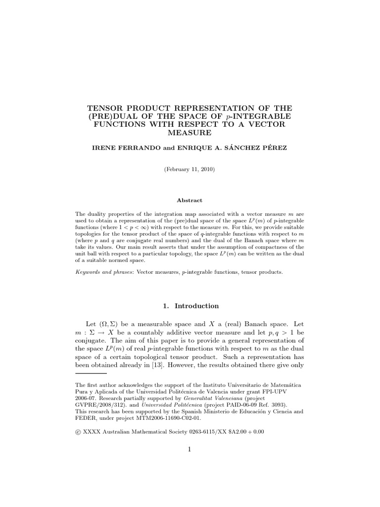 TENSOR PRODUCT REPRESENTATION OF THE (PRE) DUAL OF THE SPACE OF p-INTEGRABLE FUNCTIONS WITH ...