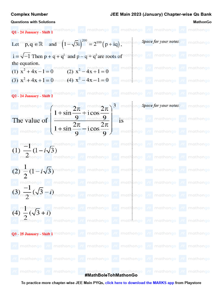 Complex Number - JEE Main 2023 January Chapter Wise Questions by MathonGo | PDF | Business