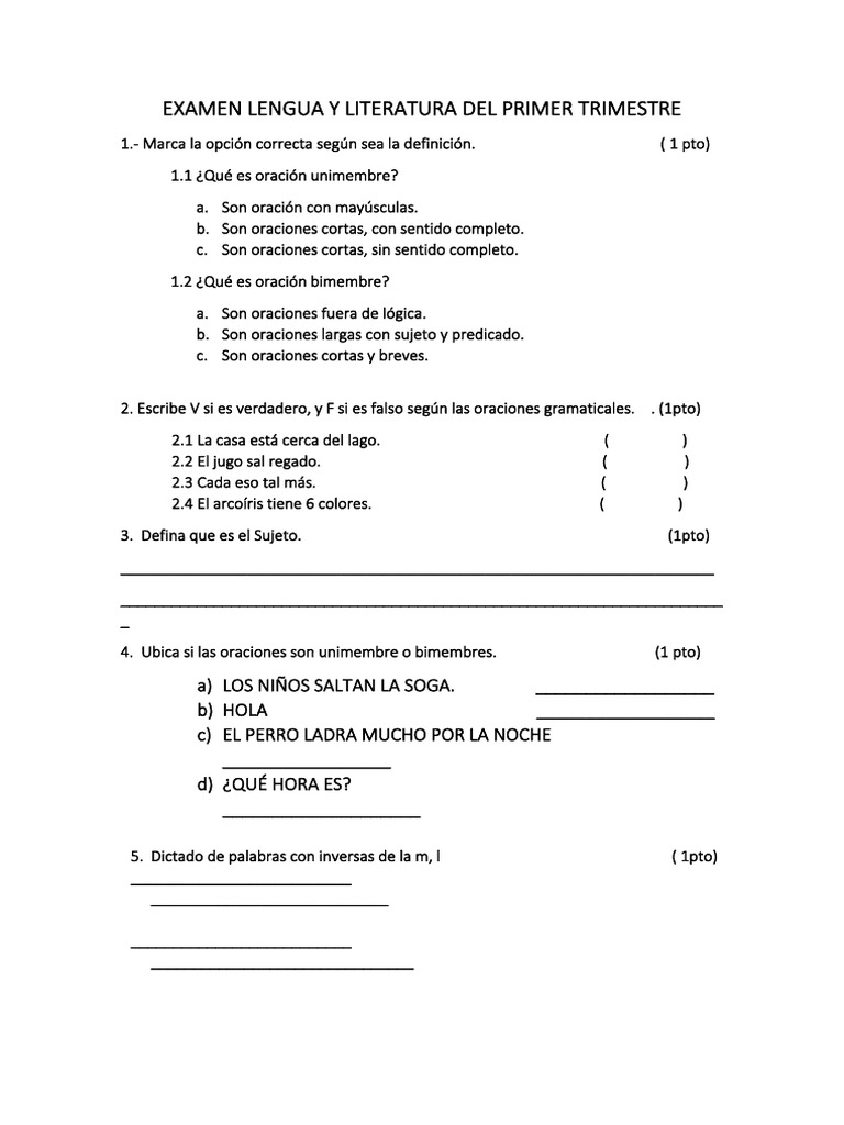 Examen de Lengua y Literatura 1er Trimestre | PDF | Oración ...