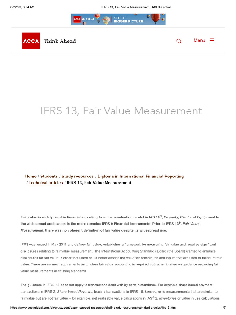 IFRS 13, Fair Value Measurement - ACCA Global | PDF | Fair Value ...