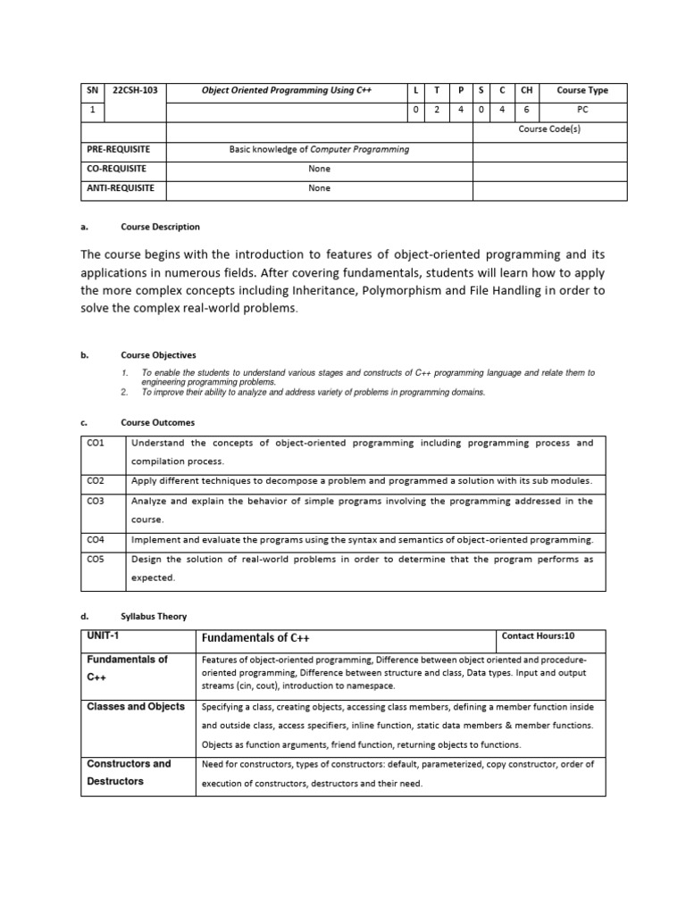 Object Oriented Programming Using C 22csh 103 Hybrid Pdf Class Computer Programming