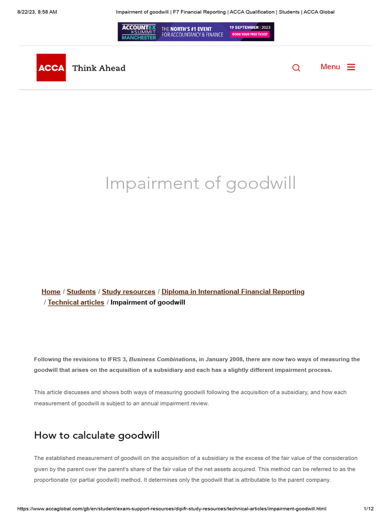 Impairment of Goodwill - F7 Financial Reporting - ACCA Qualification ...