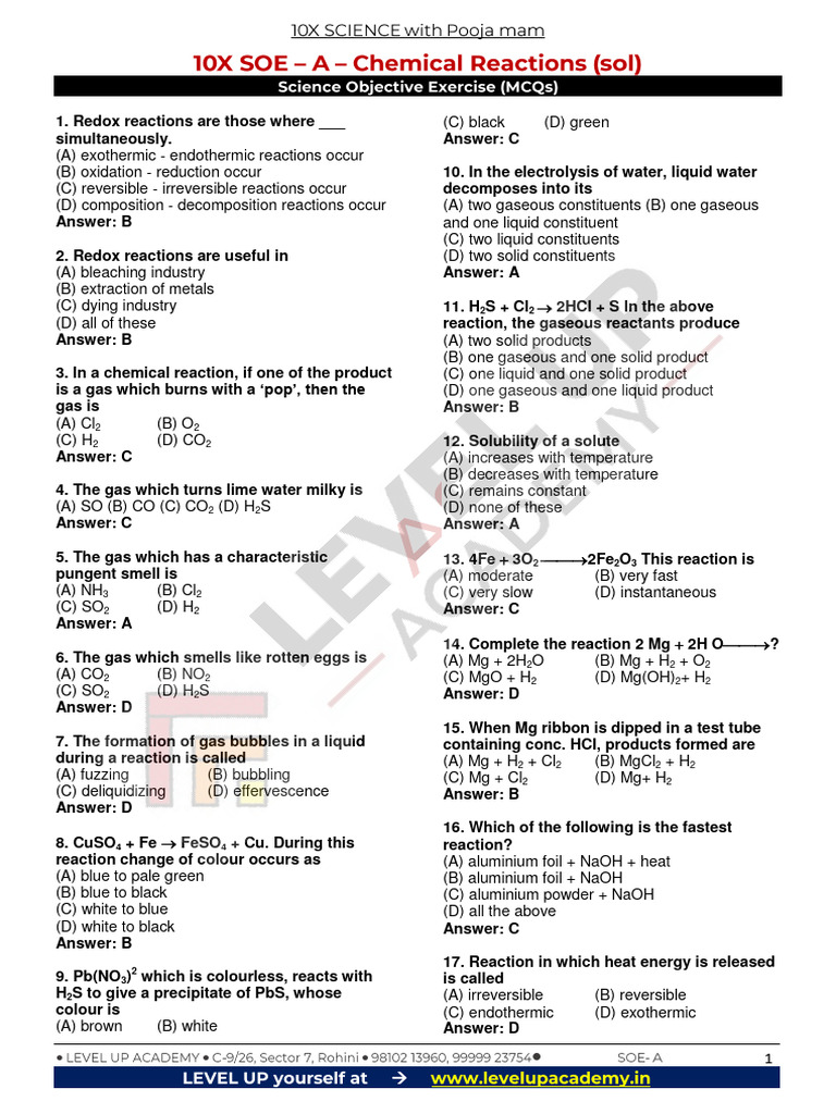10X SOE - A - Chemical reactions and equations (sol) | PDF