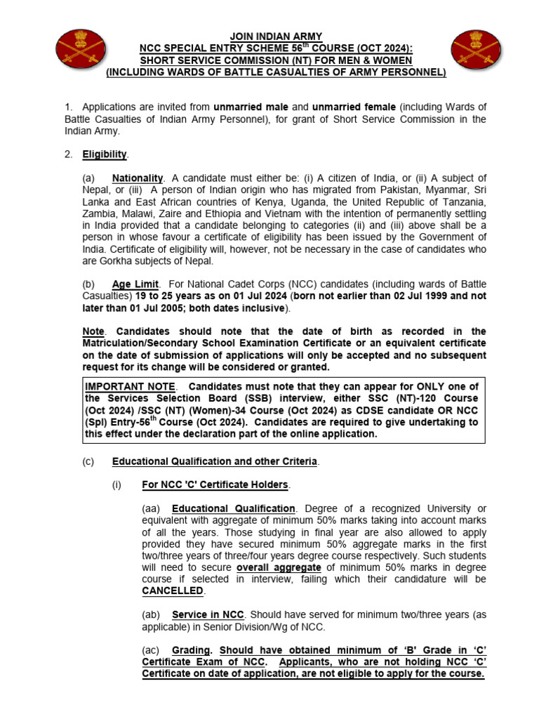 Notification For NCC SPL Entry Men - 56 Course | PDF | Lieutenant | Cadet