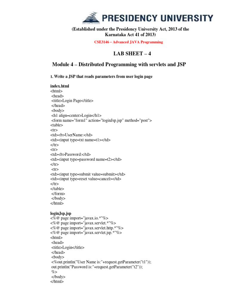 CSE3146-Advanced JAVA Programming-Module 4 - JSP Labsheet | PDF | Java ... CSE3146-Advanced JAVA Programming-Module 4 - JSP Labsheet | PDF | Java ...