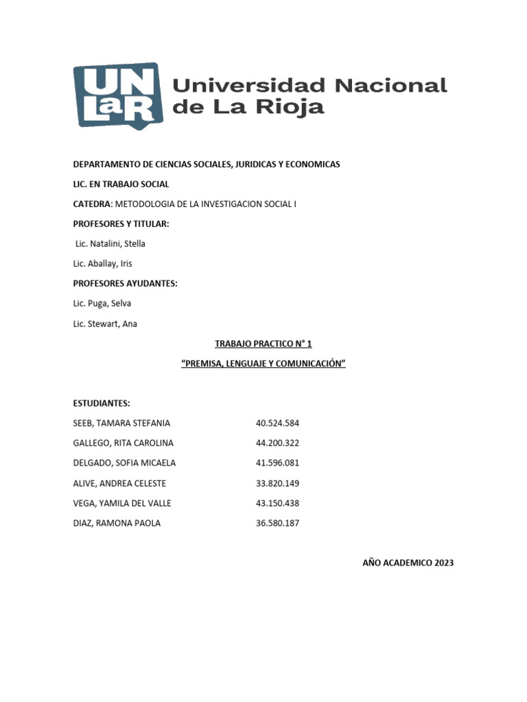 Premisa, Lenguaje, Comunicacion Tp1 | PDF | Pensamiento | Pobreza