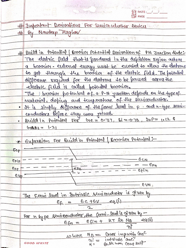 Important Derivations of Semiconductor Devices by Navdeep Raghav | PDF