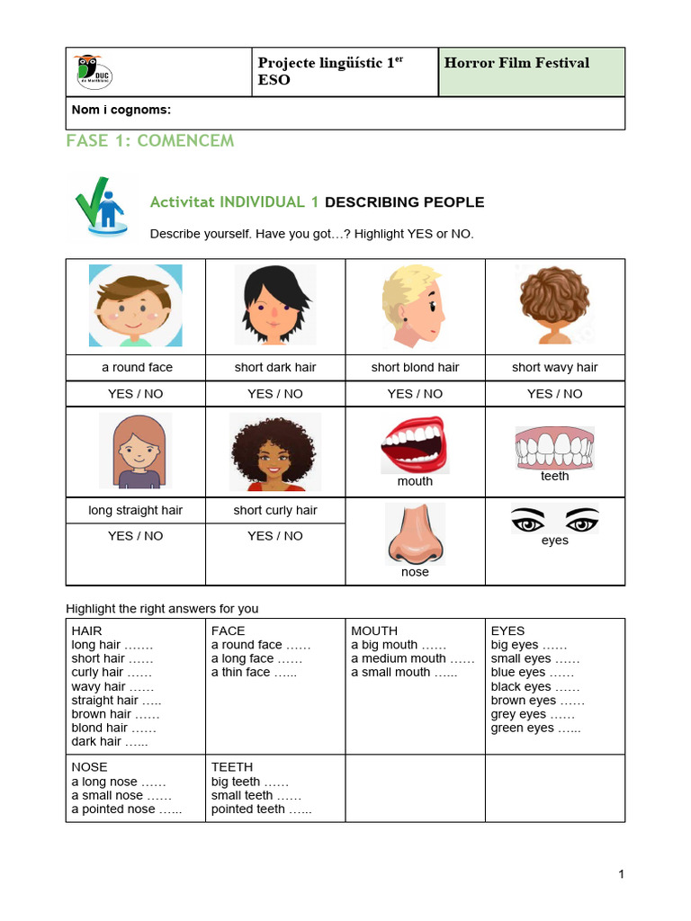 Activitat 1. Describing People | PDF | Hair | Integumentary System