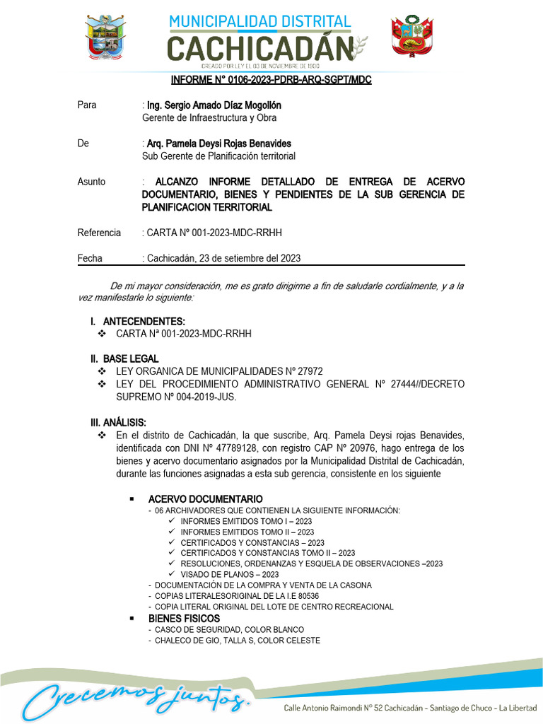 Informe #0106-2023 - INFORME DE ENTREGA DE ACERVO DOCUMENTARIO Y ...