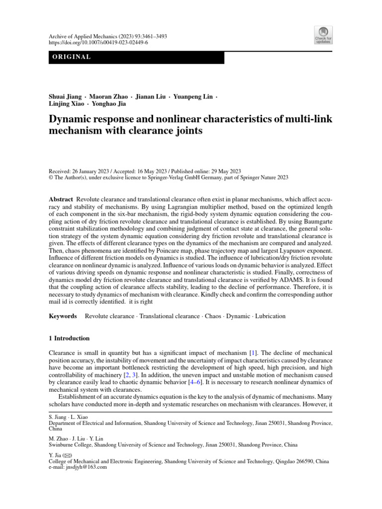 Dynamic Response and Nonlinear Characteristics of Multi-Link Mechanism With Clearance Joints ...