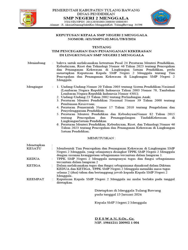 Contoh SK Kepala Satuan Pendidikan Pembentukan TPPK | PDF
