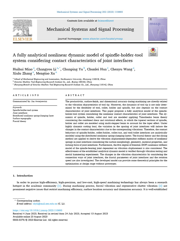 A Fully Analytical Nonlinear Dynamic Model of Spindle-holder-Tool System Considering Contact ...