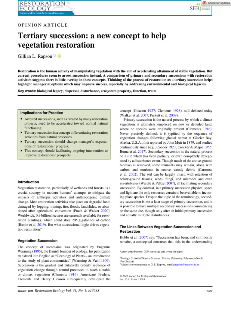 Restoration Ecology - 2022 - Rapson - Tertiary Succession A New Concept ...