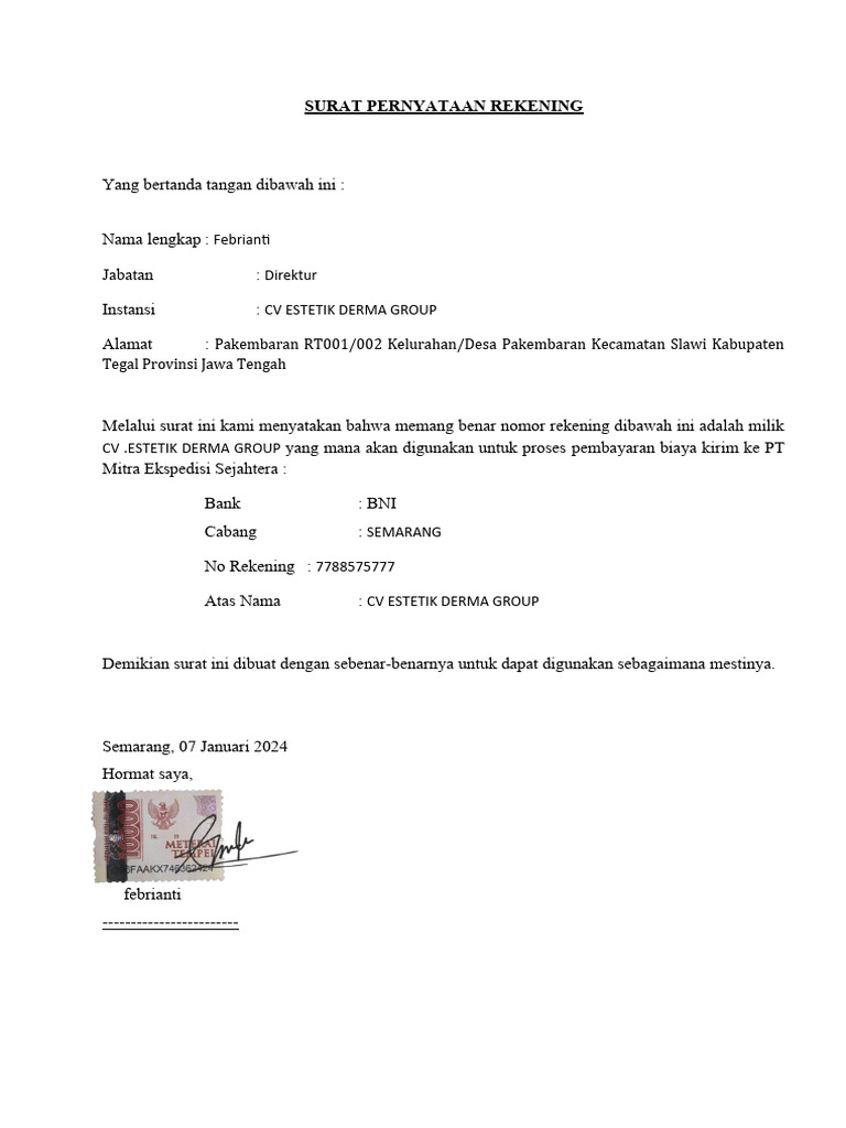 Surat Pernyataan Rekening | PDF