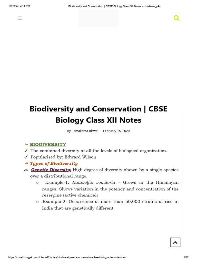 Biodiversity and Conservation - CBSE Biology Class XII Notes ...