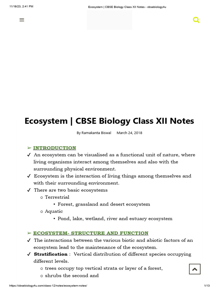 Download Cbse Class 12 Biology Revision Notes Ecosystem