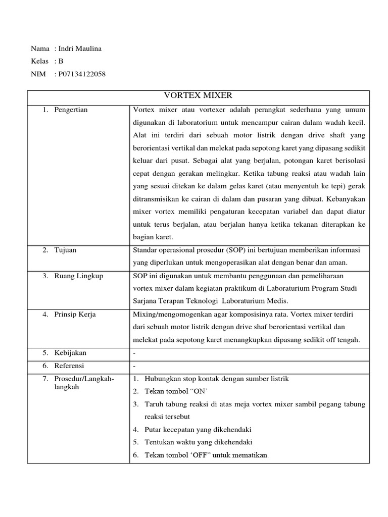 Tugas K3 Sop Vortex Mixer | PDF | Sains & Matematika