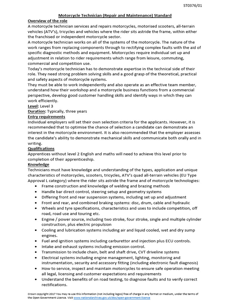 Motorcycle Technician Repair and Maintenance Standard | PDF ...