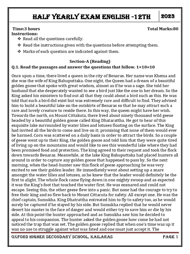 English Test Paper - 12th - 2023-24 (QTS) | PDF | Ant | Pupa