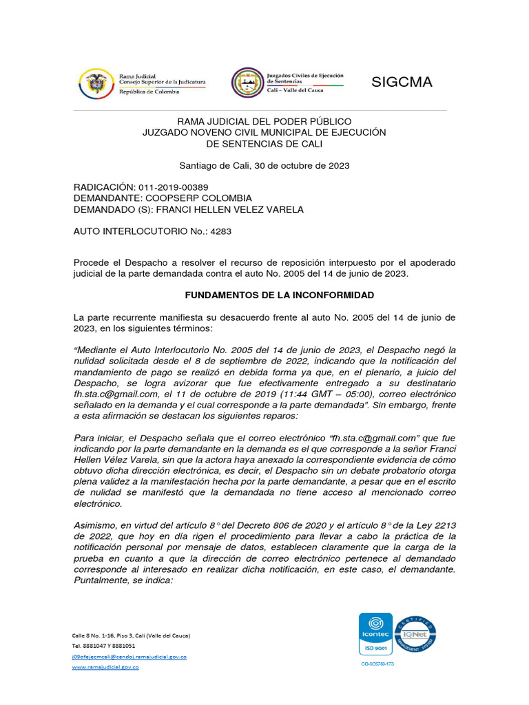 22 Auto No Repone | PDF | Demanda judicial | Justicia