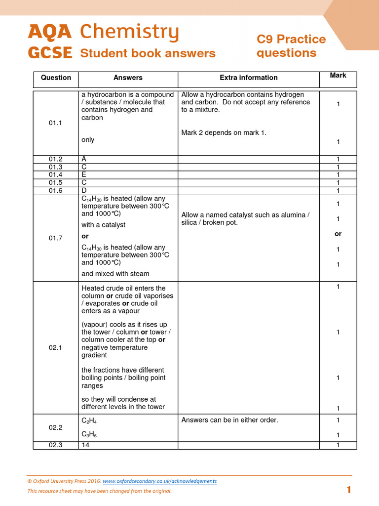 AQA Chem GCSE Combined C9 Practice Answers | PDF | Alkene | Hydrocarbons