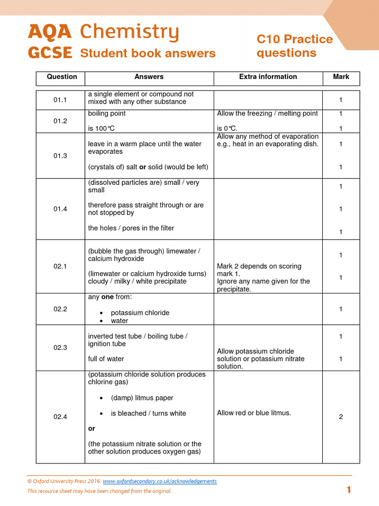 AQA Chem GCSE Combined C10 Practice Answers | PDF | Chlorine | Precipitation (Chemistry)