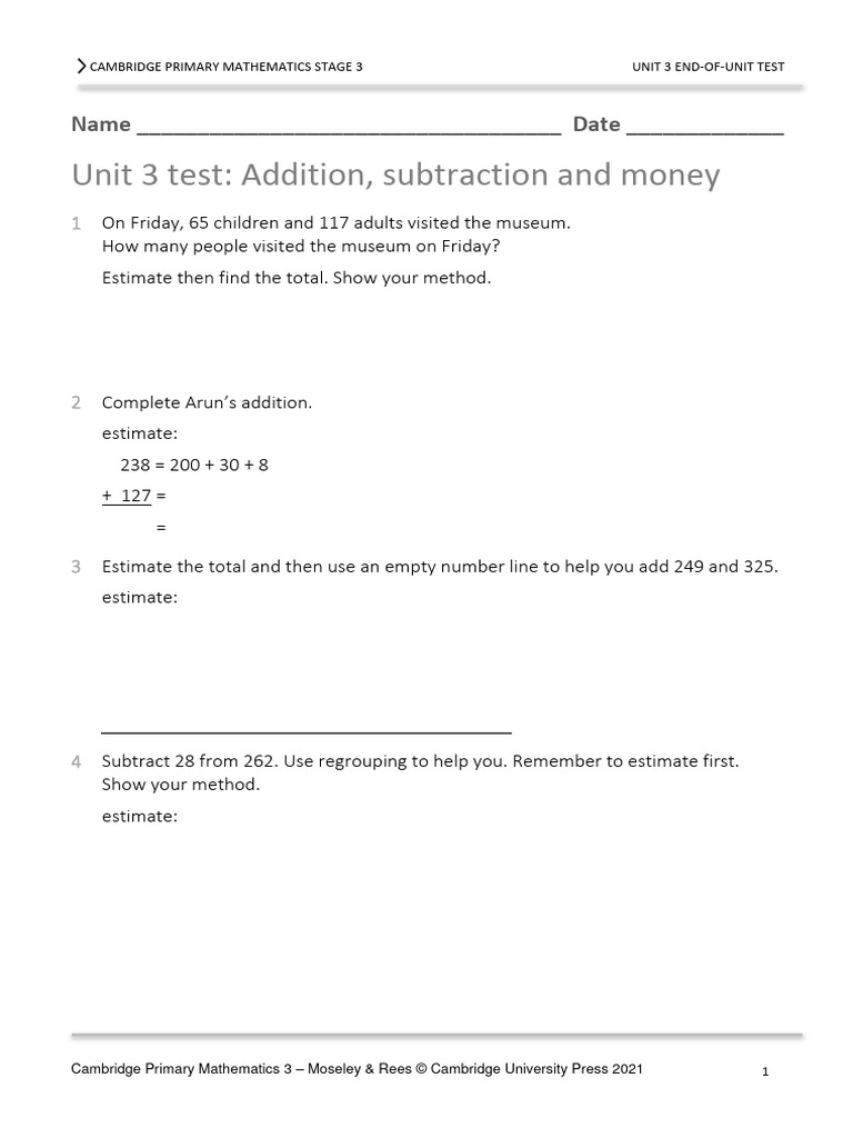 Prim Maths 3 2ed TR Unit 3 Test | PDF | Mathematics | Arithmetic