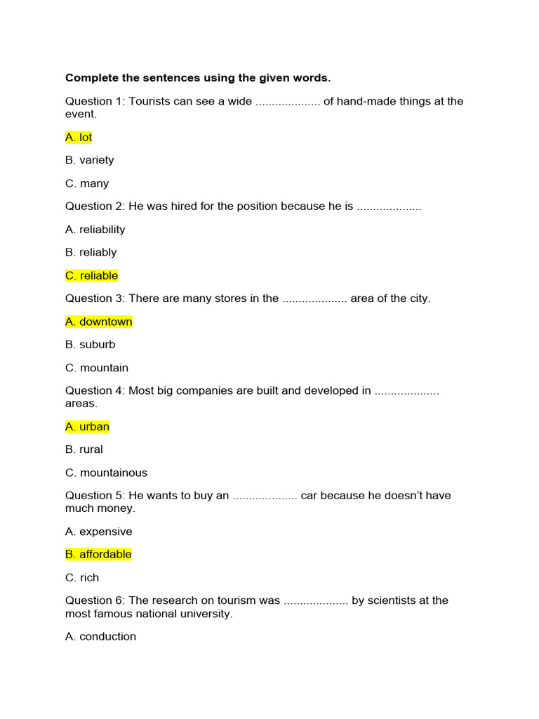 Complete The Sentences Using The Given Words | PDF