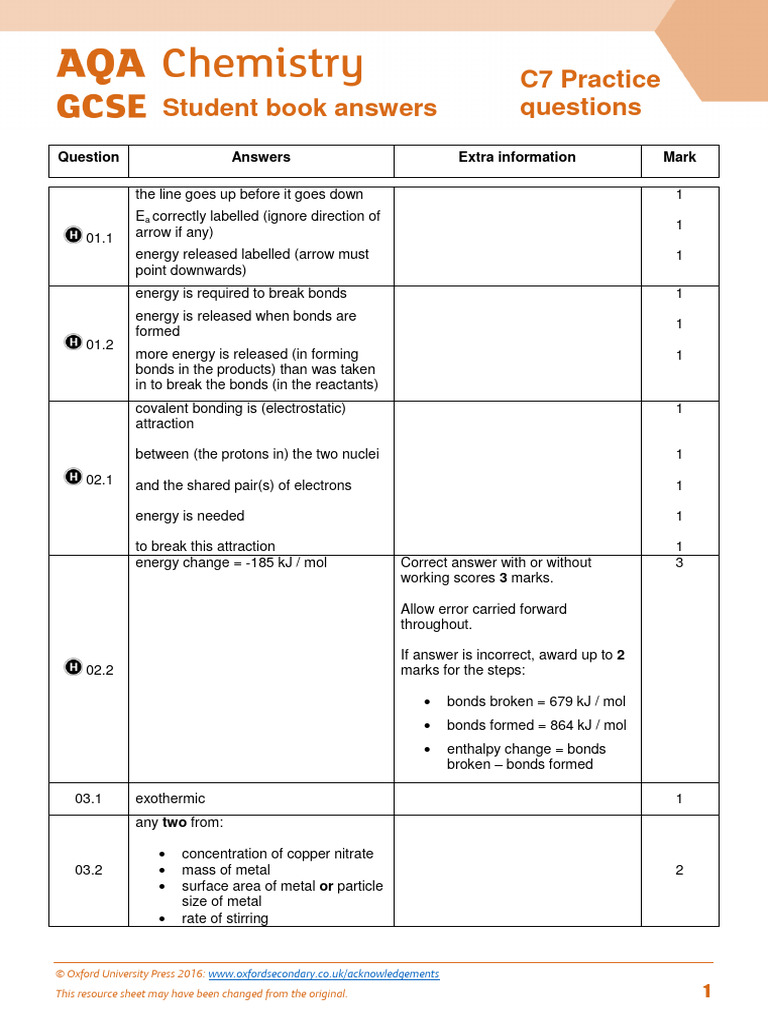 AQA Chem GCSE Combined C7 Practice Answers | Download Free PDF | Chemical Bond | Silver