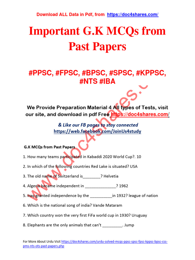 Important G.K MCQs From Past Papers | PDF | Genghis Khan | Pakistan